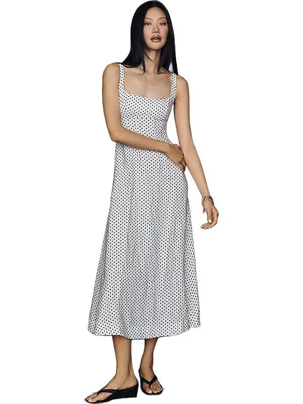 REFORMATION Sabine Linen Midi Dress - Eclipse Dot