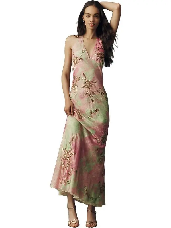 Bhldn Abstract Satin Slip Maxi Dress - Pink Pattern