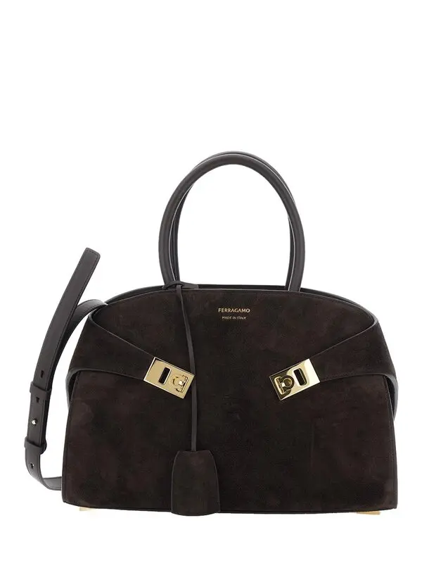 FERRAGAMO Hug Piccola' Suede Handbag With Gancini Buckles - Brown