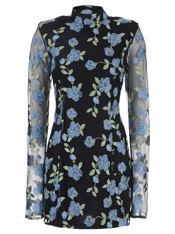 ROTATE BY BIRGER CHRISTENSEN Black Floral Motif High Neck Mini Dress With Sheer Sleeves - Multicolor