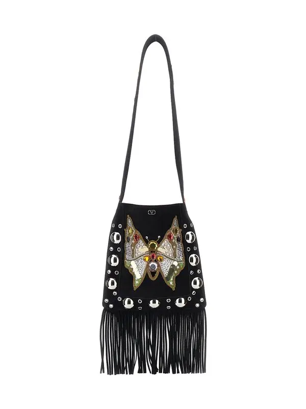 Valentino Garavani Nellcote Medium Black Crossbody Bag With Embroidered Butterfly - Multicolor