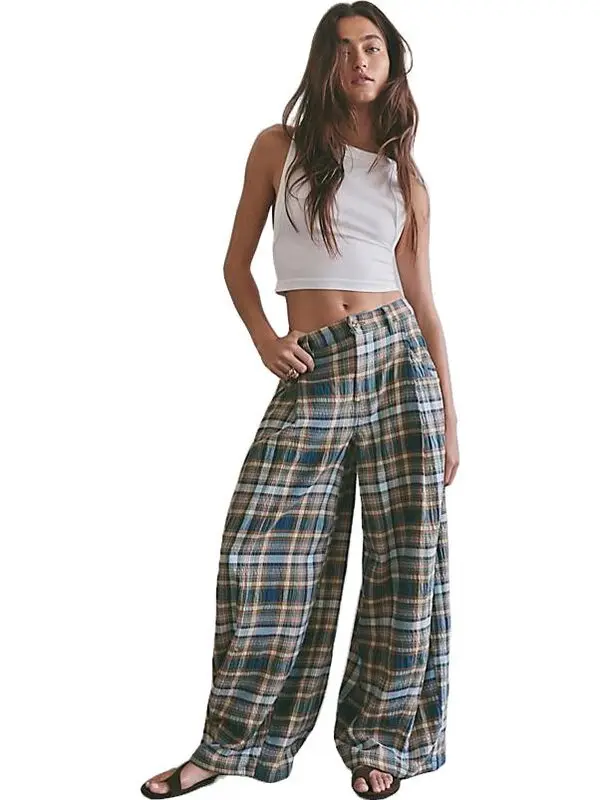 Free People Baggy Puckered Plaid Trousers - Blue Combo