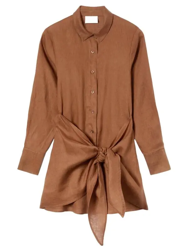 MC2 SAINT BARTH Asymmetric Shirt Dress With V-neck And Tie Waist - Brown