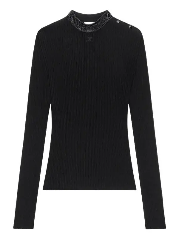COURREGES Ribbed Knit Top With Logo Patch - Black
