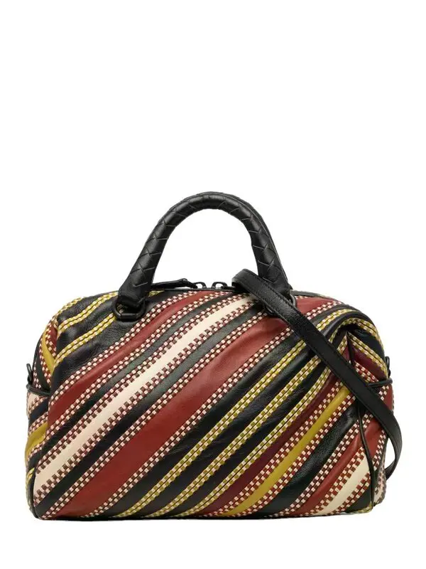 Bottega Veneta Nappa Leather Diagonal Stripe Boston Bag Satchel - Black
