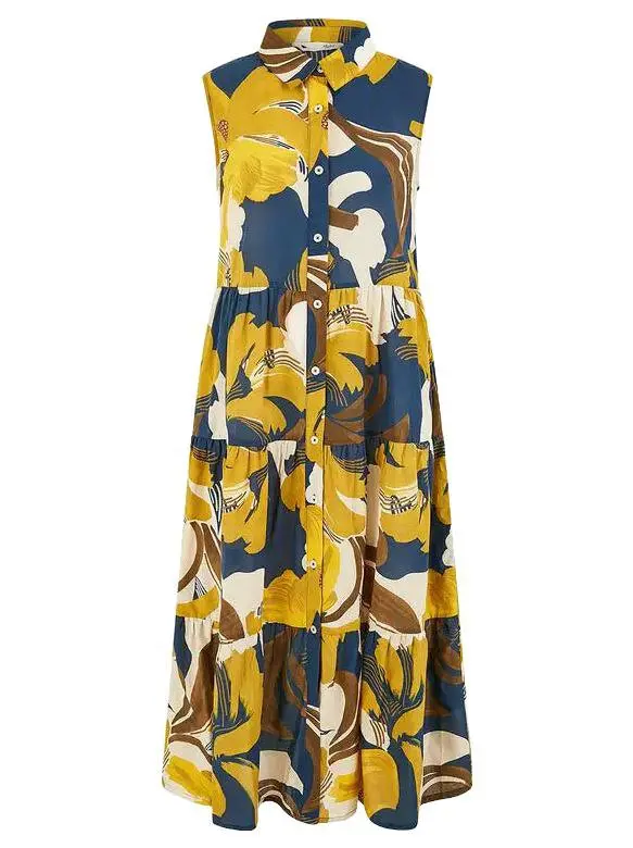 YUMI Sleeveless Collared Leaf Print Cotton Midi Shirt Dress - Blue