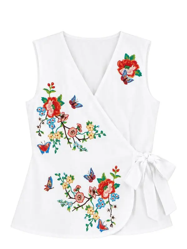 YUMI Stretch Cotton Embroidered Wrap Top - White