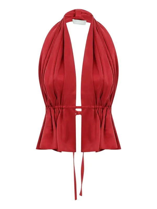 CANSU XI Vegan Silk Halter Top With Tie Detail - Red
