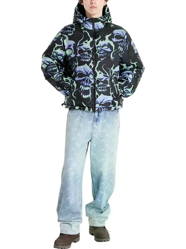WASTED Reversible Skull Print Puffer Jacket - Black