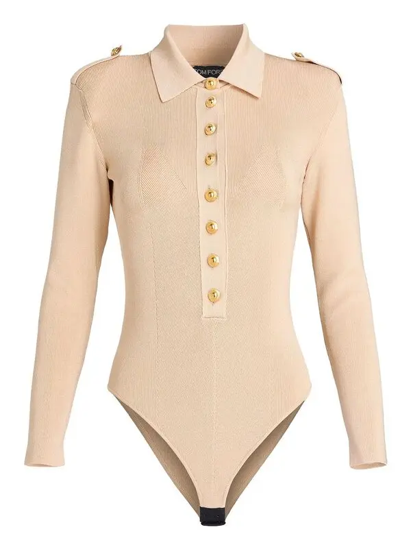 TOM FORD Ribbed Jersey Bodysuit With Shoulder Pads - Beige