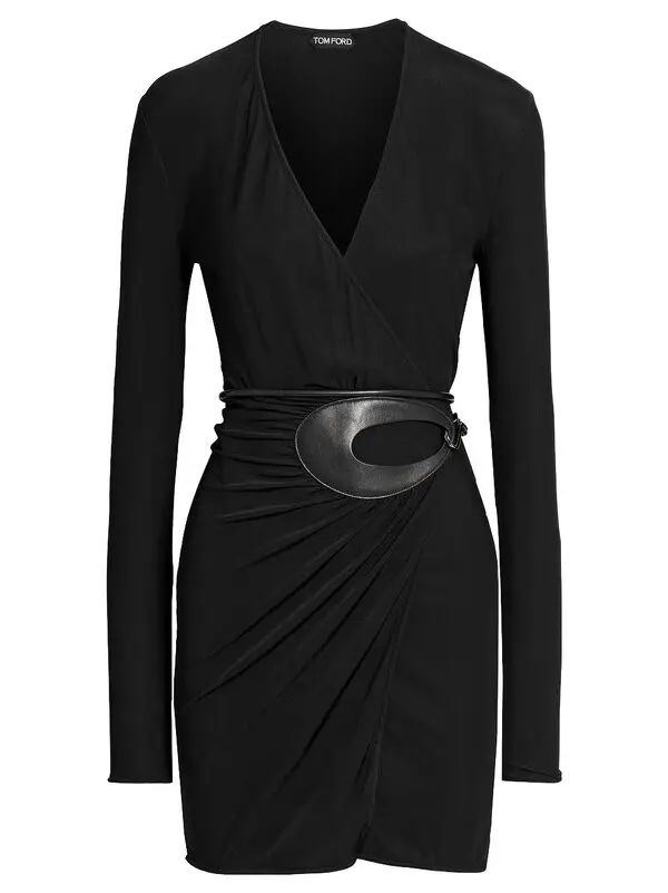 TOM FORD Leather-trimmed Crepe Mini Wrap Dress - Black