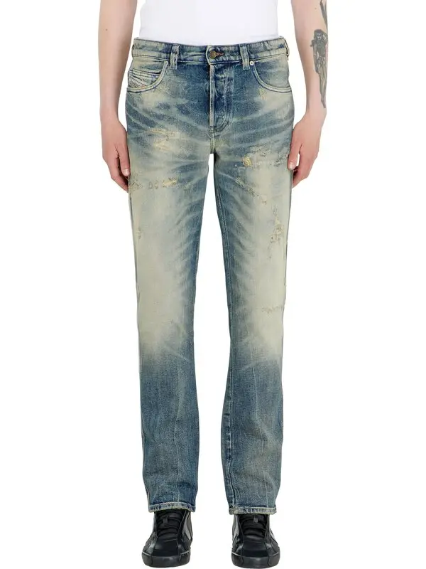 DIESEL® Slim Fit Button Fly Jeans With Distressed Medium Wash - Blue