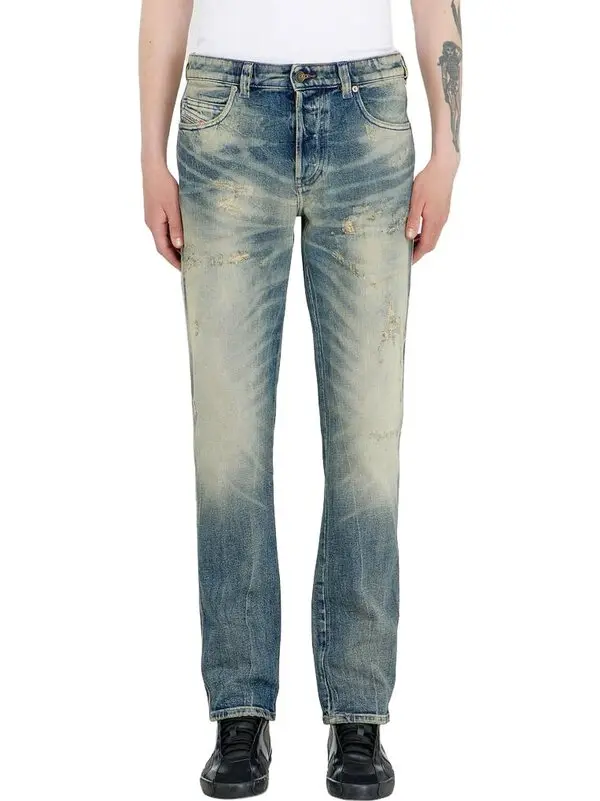DIESEL® Slim Fit Button Fly Jeans With Distressed Medium Wash - Blue