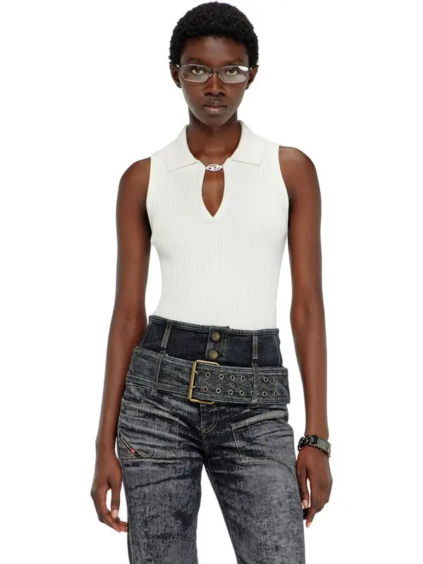 DIESEL® Sleeveless Rib-knit Silk Blend Polo Top - White