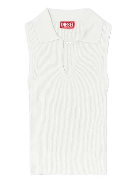 DIESEL® Sleeveless Rib-knit Silk Blend Polo Top - White