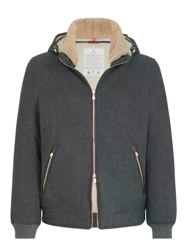 Brunello Cucinelli Bonded Wool Flannel Down Jacket With Detachable Hood - Grey