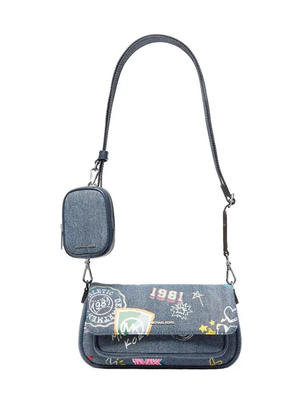 Michael Kors Jet Set Travel Small Embellished Denim Crossbody Bag With Pouch - Blue