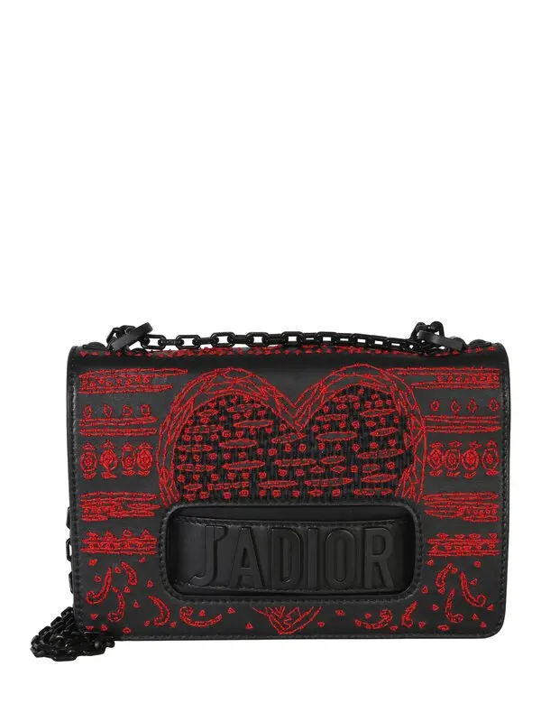 Dior Red Embroidered Heart Clover Beaded Jadior Chain Flap Bag - Black