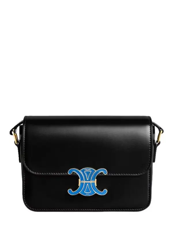 Celine Teen Triomphe Bag In Shiny Calfskin With Enamel Closure - Black