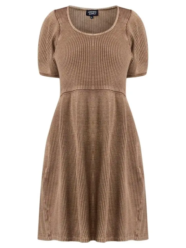 KNOWN SUPPLY Puff Sleeve Waffle Knit Babydoll Dress - Brown