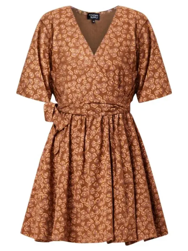 KNOWN SUPPLY Kalen Spice Pop Floral Wrap Dress - Brown