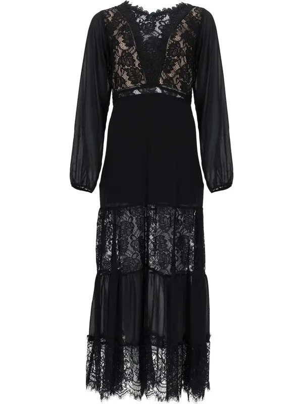 NJ COUTURE Lace Embellished Maxi Dress - Black