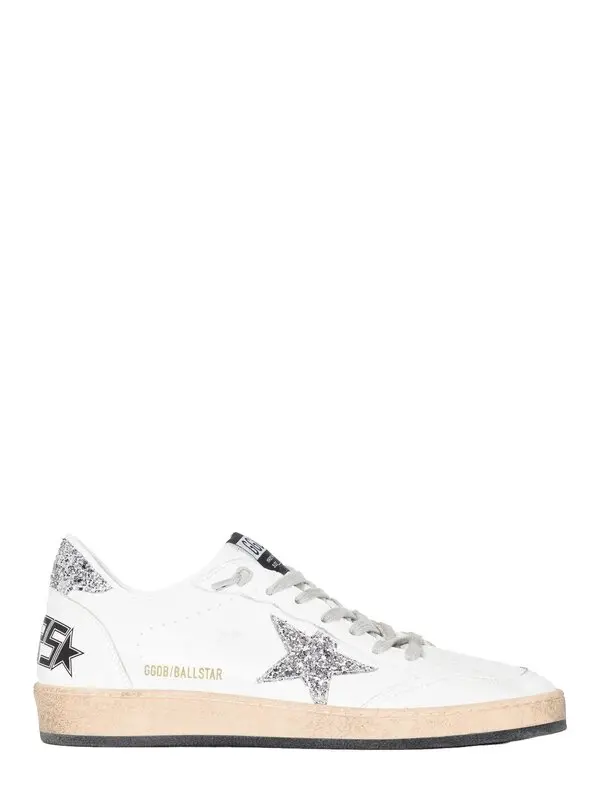 GOLDEN GOOSE Ball Star Leather Sneakers With Glitter Accents - Silver