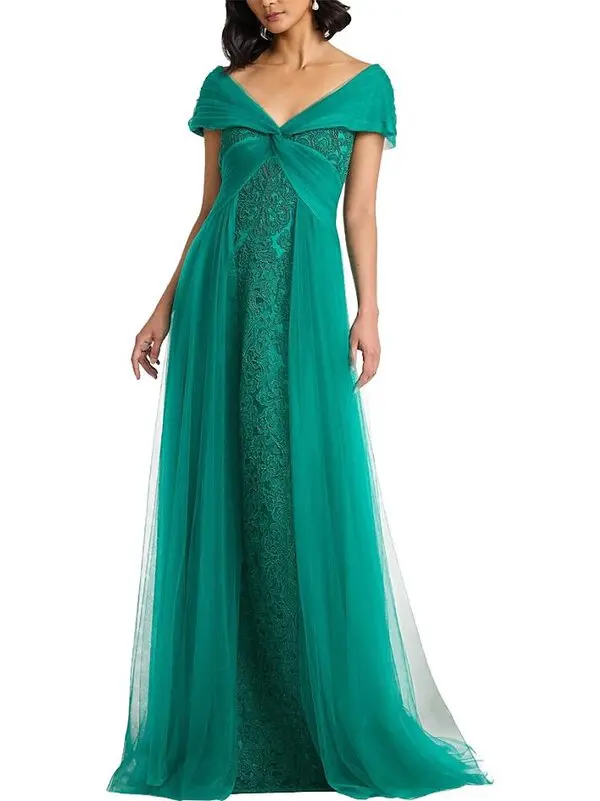 Tadashi Shoji Parello Lotus Embroidered Tulle Gown - Emerald