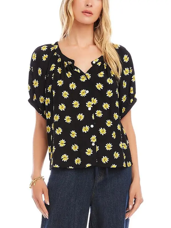 Karen Kane Puff Sleeve Peasant Top With Floral - Print