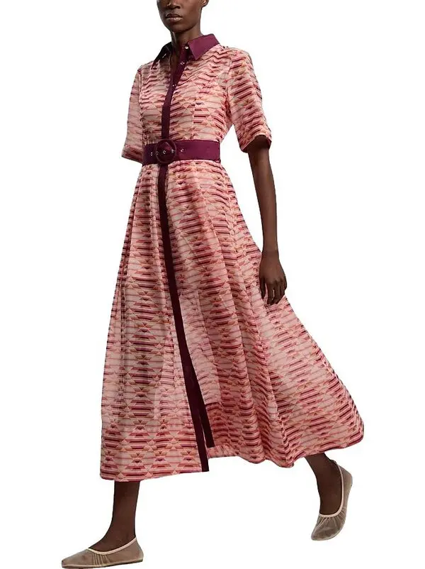 Karen Millen Short Sleeve Midi Shirt Dress With Geometric Print And Belt - Multi