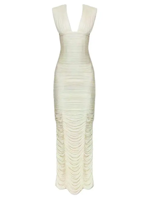 Versace Ruched V-neck Maxi Dress - Neutrals