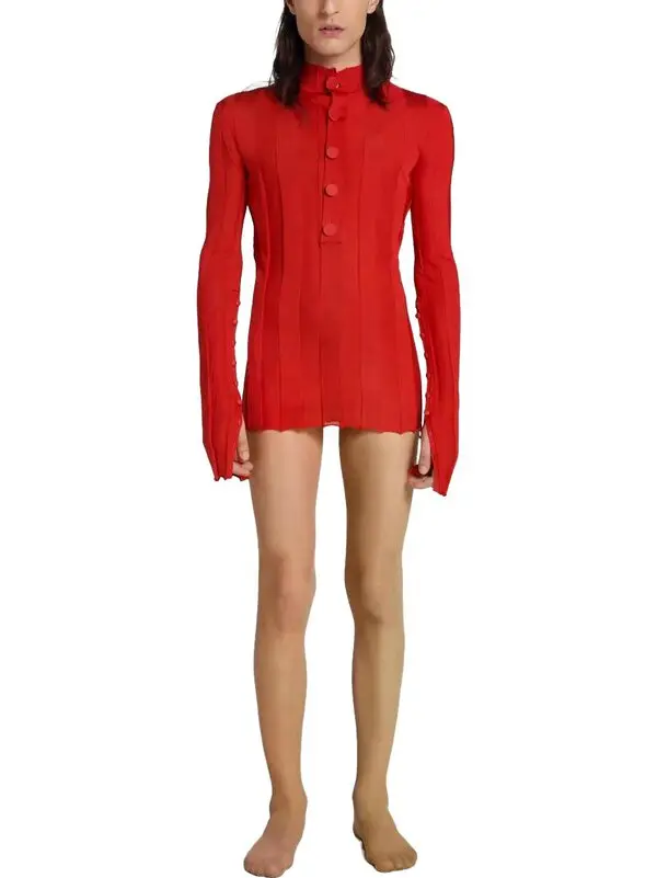 ROT Ribbed Silk Henley Sweater - Red
