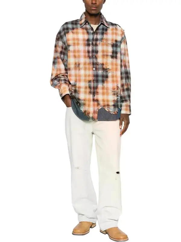 FENG CHEN WANG Check-print Distressed-finish Shirt - Blue
