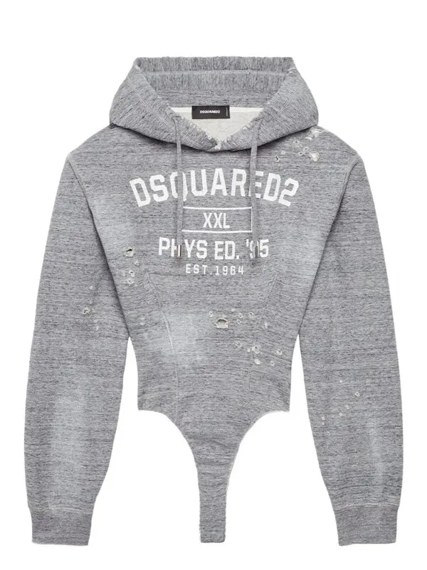 Dsquared2 Logo Printed Distressed Hooded Bodysuit - Gray