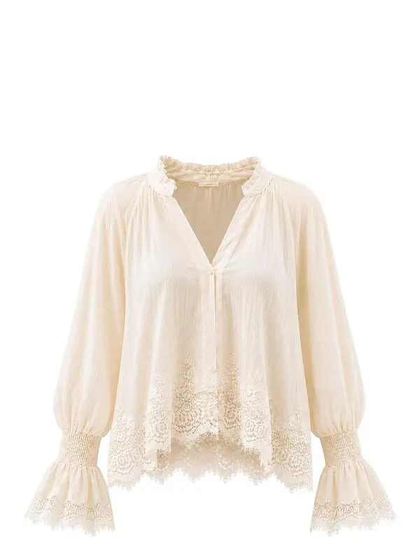 IZABELA MANDOIU Ivory Lace Embroidered Bohemian Blouse With Bell Sleeves - White