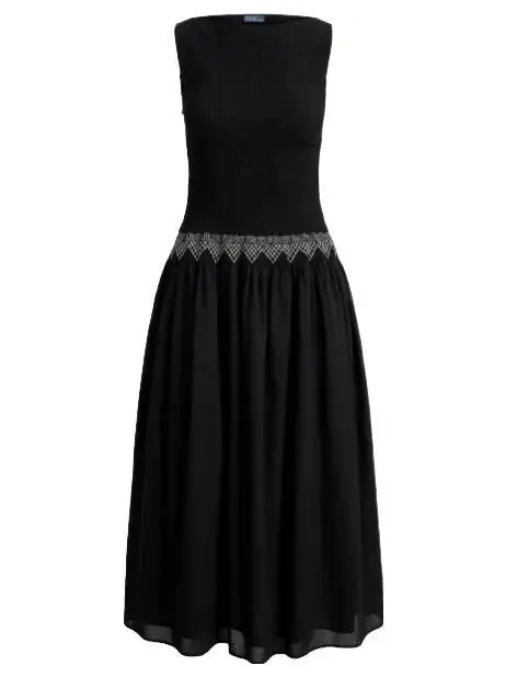 Polo Ralph Lauren Shirred-trim Midi Dress - Black