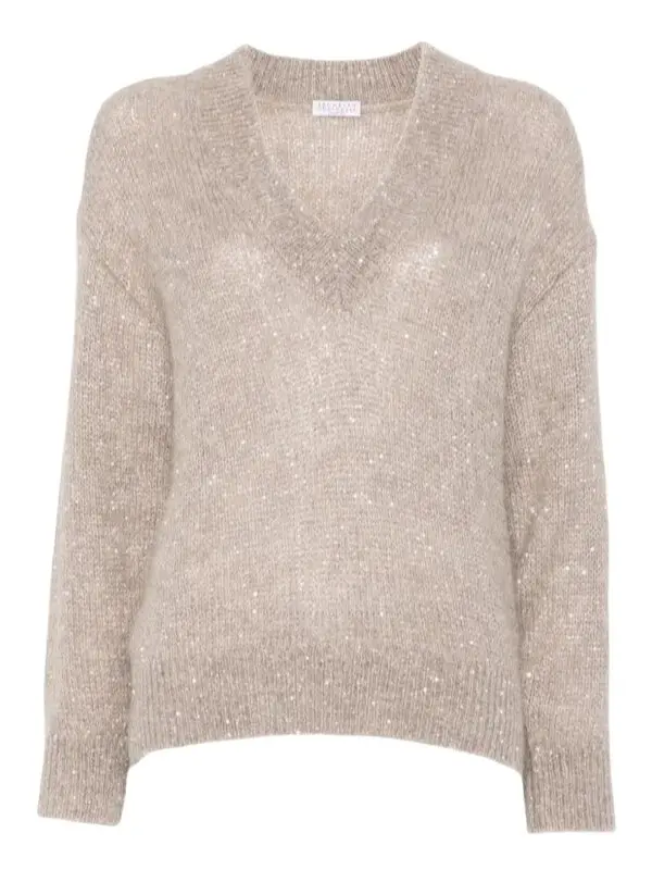 Brunello Cucinelli Sequin-embellished V-neck Sweater - Nude