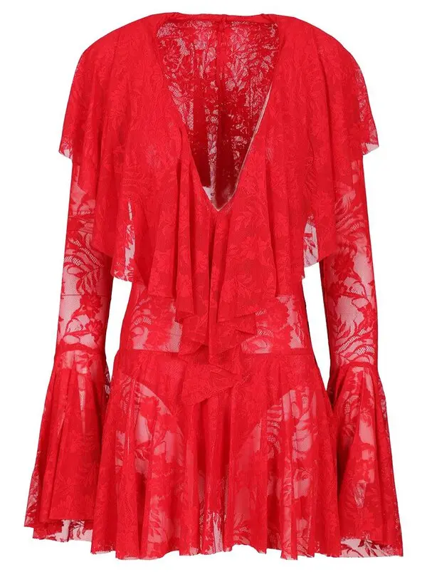 Norma Kamali V-neck Ruffled Lace Mini Dress - Tiger Red