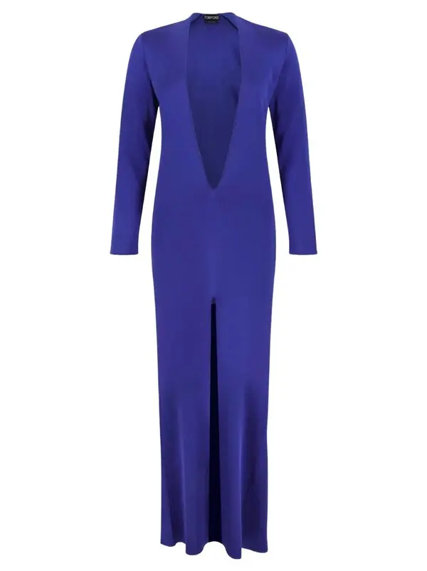 TOM FORD Plunging Neckline Front Slit Maxi Dress - Blue