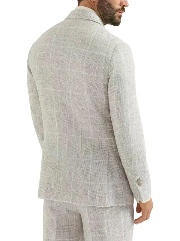 Brunello Cucinelli Linen Prince Of Wales One-and-a-half Breasted Deconstructed Blazer With Metal Buttons - Grey