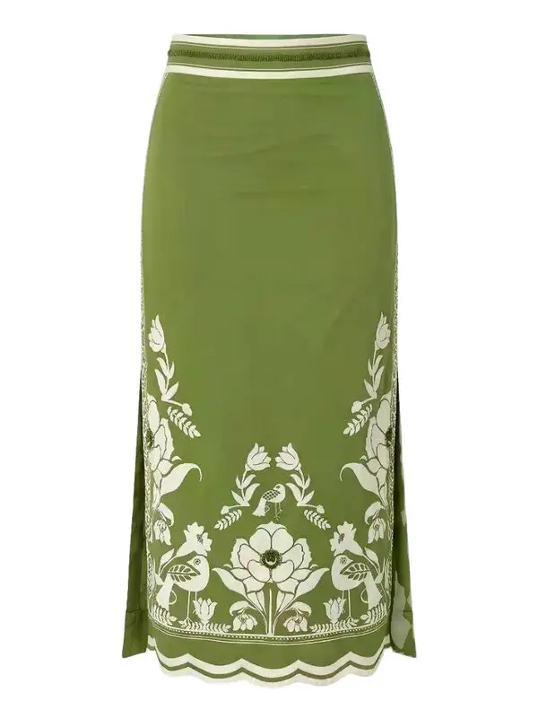 SCARLETT POPPIES Embroidered Scalloped-hem Maxi Skirt - Green