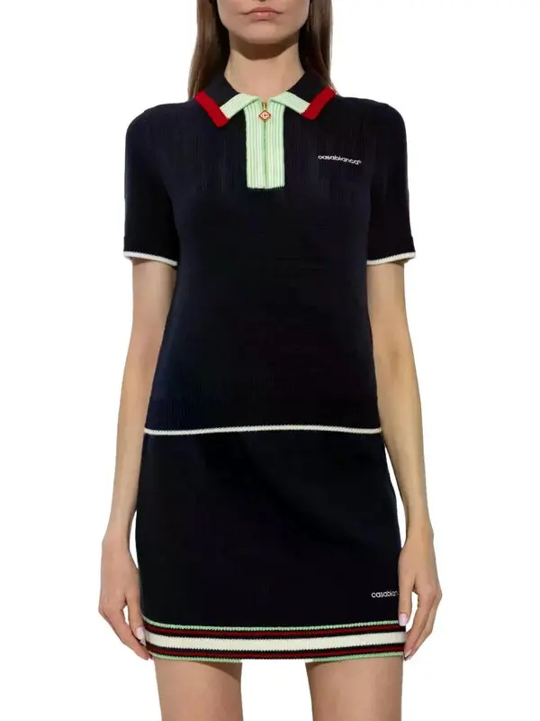 Casablanca Logo Embroidered Zip-up Polo Shirt - Blue