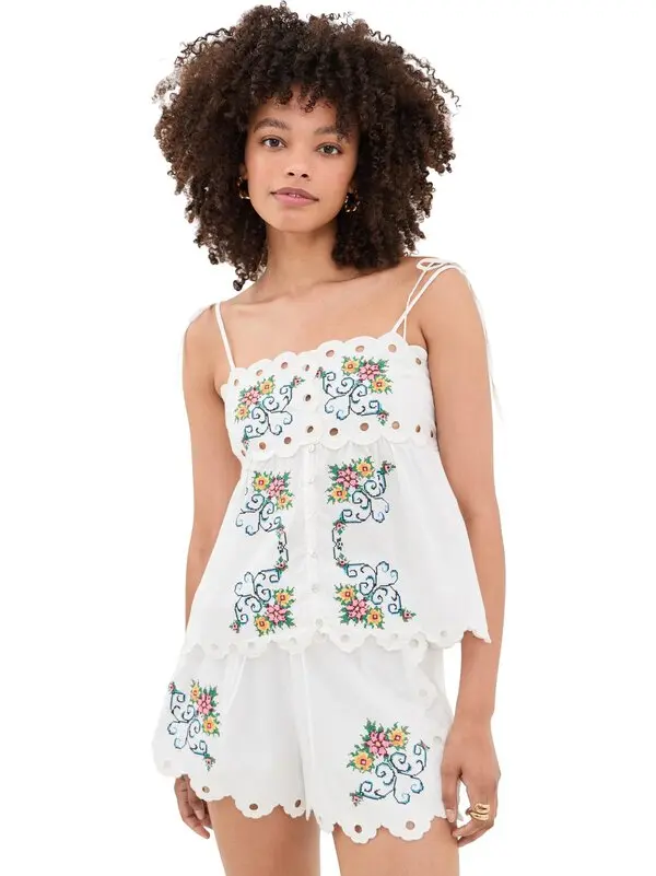Moon River Scallop Floral Embroidered Top - White Multi
