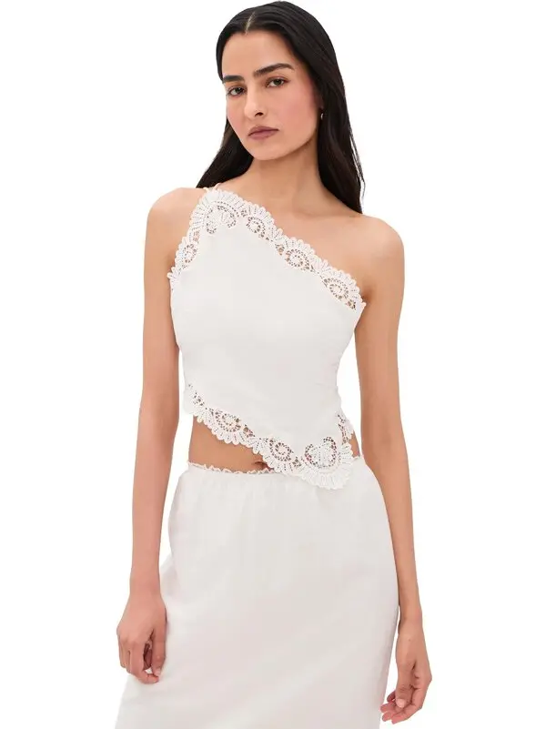 Posse Darya One Shoulder Top With Lace Trim - Cream