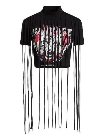 Versace Cotton And Elastane Crop T-shirt With Fringe And Crystal Embellishments - Black