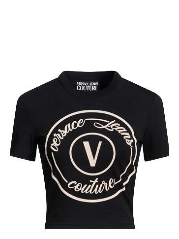 Versace Cropped Cotton T-shirt With Logo Print - Black