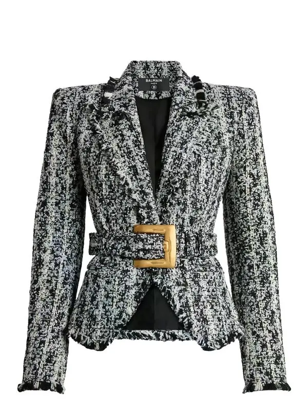 Balmain Two-tone Tweed Belted Jacket - Black