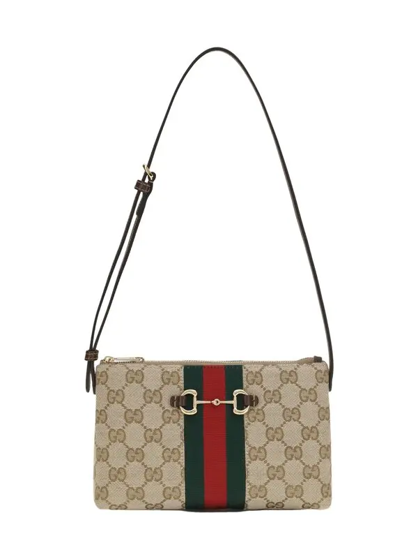 Gucci Gg Print Shoulder Bag With Horsebit Detail - Beige