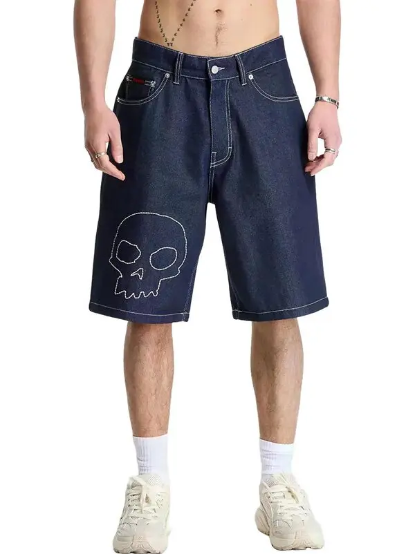 PLEASURES Skull Embroidered Denim Shorts - Blue