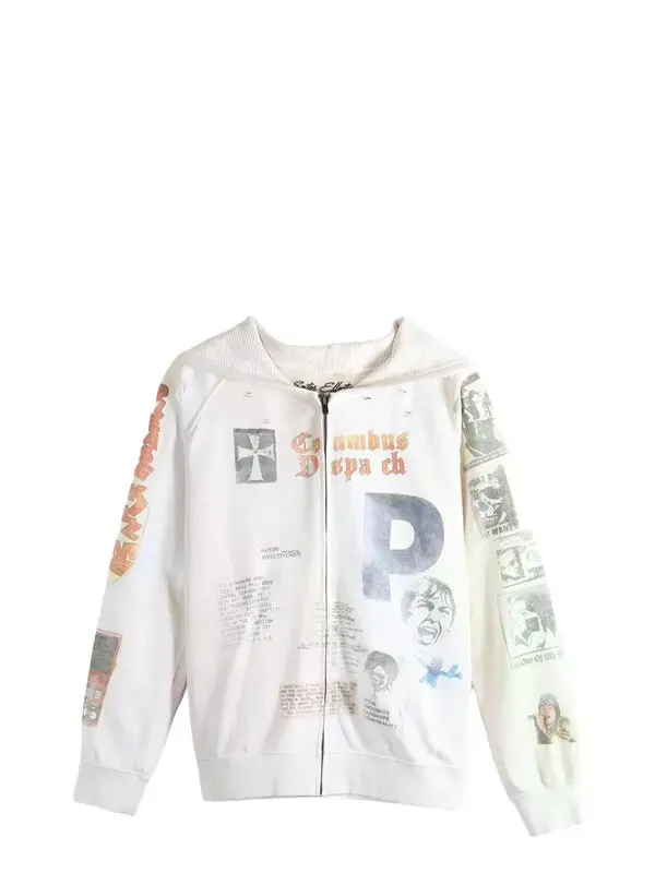 SAITOS Long Live Rock Graphic Print Distressed Zip-up Hoodie - Neutrals